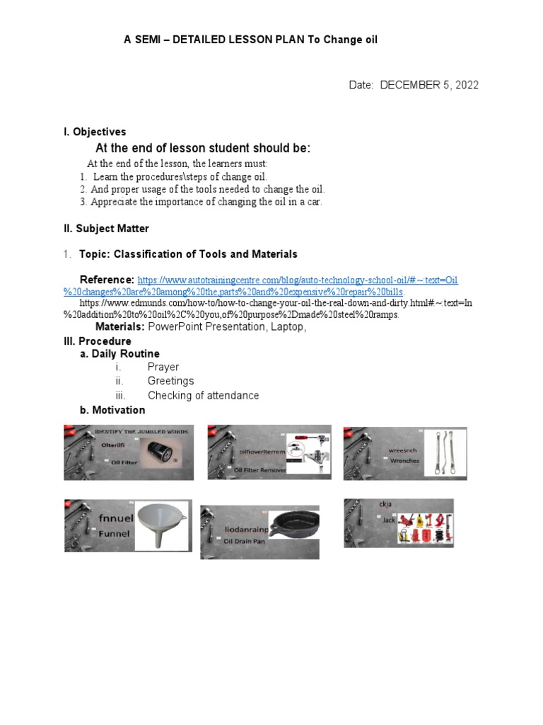 SEMI DETAILED LESSON PLAN Automotive | Download Free PDF | Filtration ...