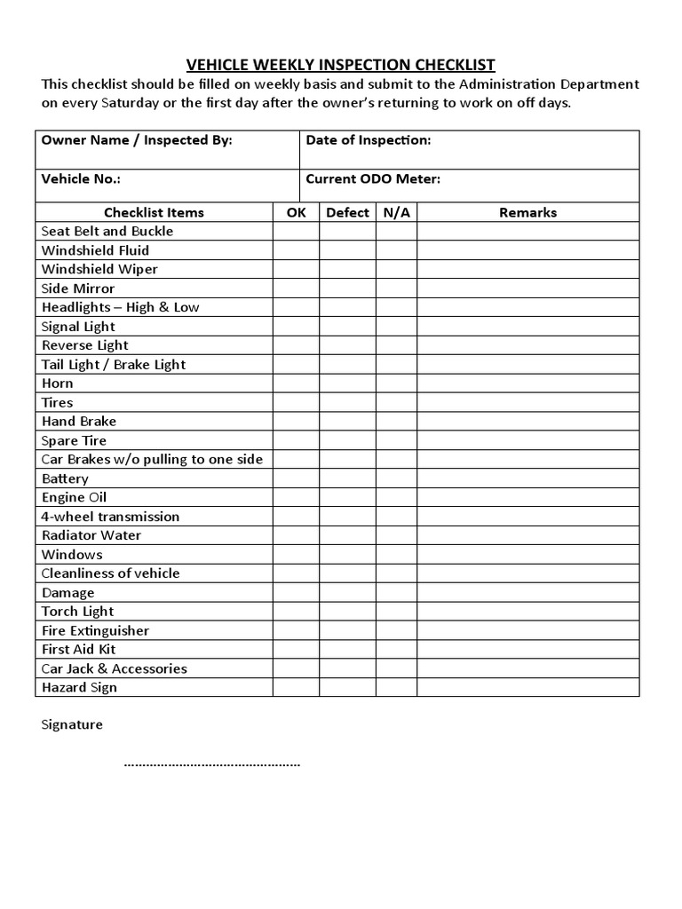 Vehicle Weekly Inspection Checklist | PDF