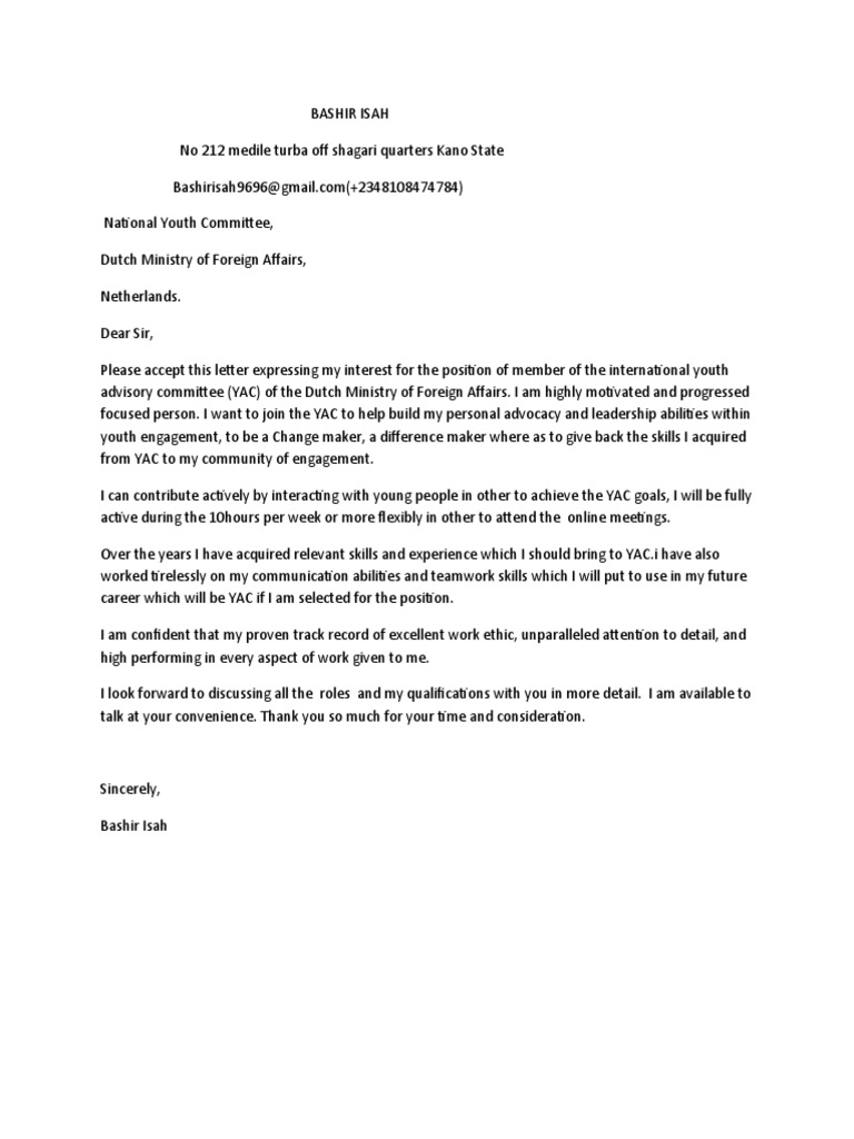 Yac Cover Letter | PDF