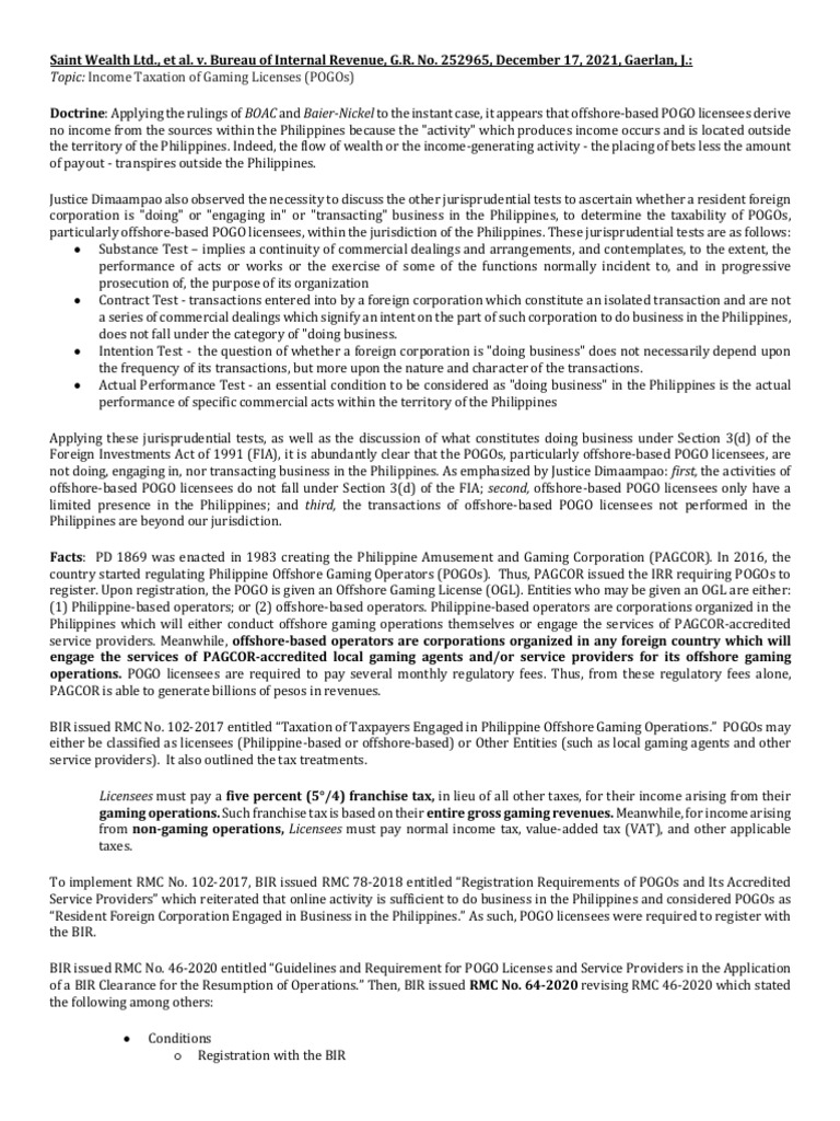 Saint Wealth LTD., Et Al. v. Bureau of Internal Revenue | PDF | Taxes | Corporations