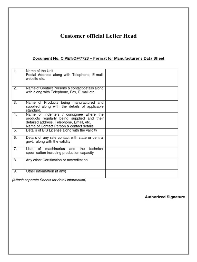 QF-7723 Format For Manufacturer Data Sheet | PDF