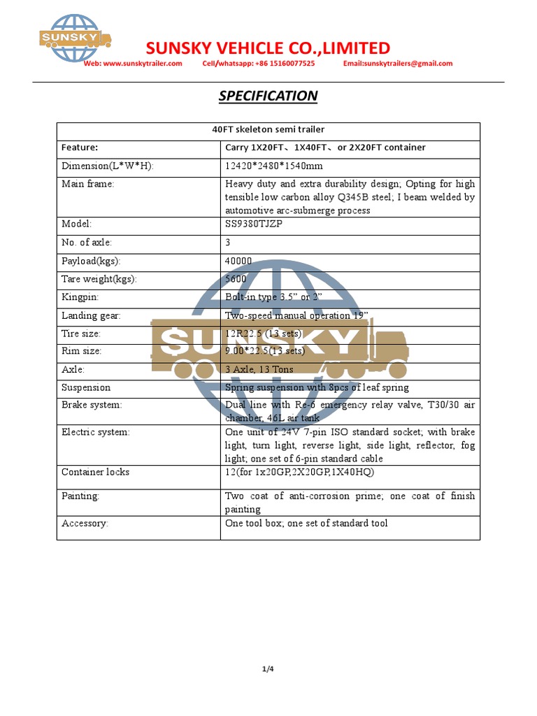 Specification of Skeleton Trailer | PDF | Axle | Semi Trailer Truck