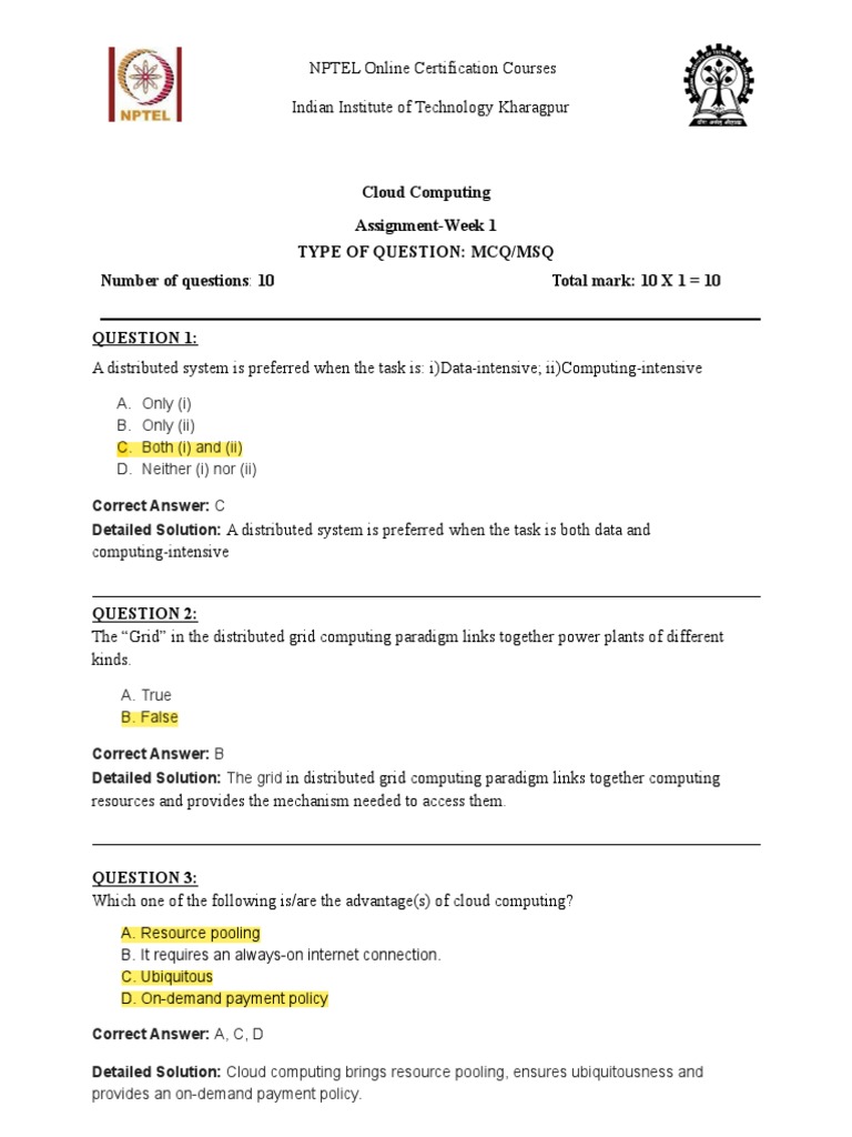 Cloud Computing Assignment-Week 1 Type of Question: MCQ/MSQ Number of ...