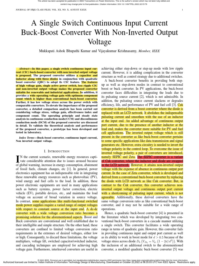 A Single Switch Continuous Input Current Buck-Boost Converter With Non-Inverted Output Voltage ...