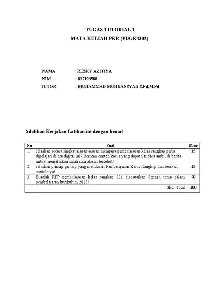 Tugas Tutorial 1 PKR, NIM.837196588 - REZKY AZITIYA | PDF