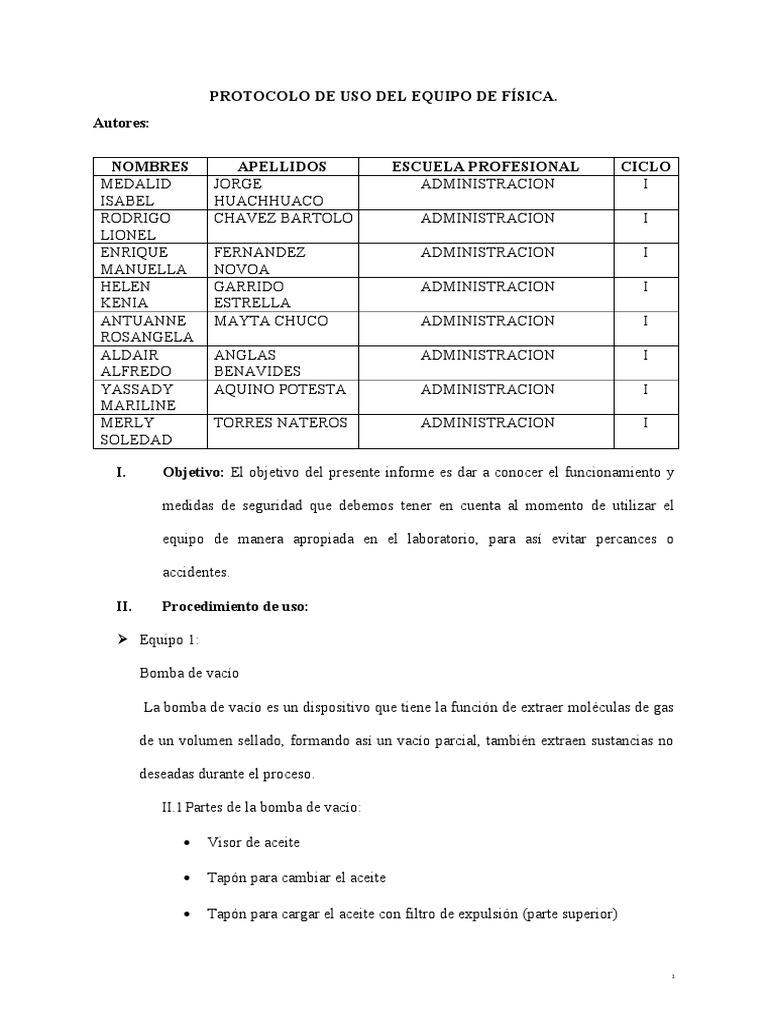 Protocolo de La Bomba de Vacio | PDF | Bomba | Gases