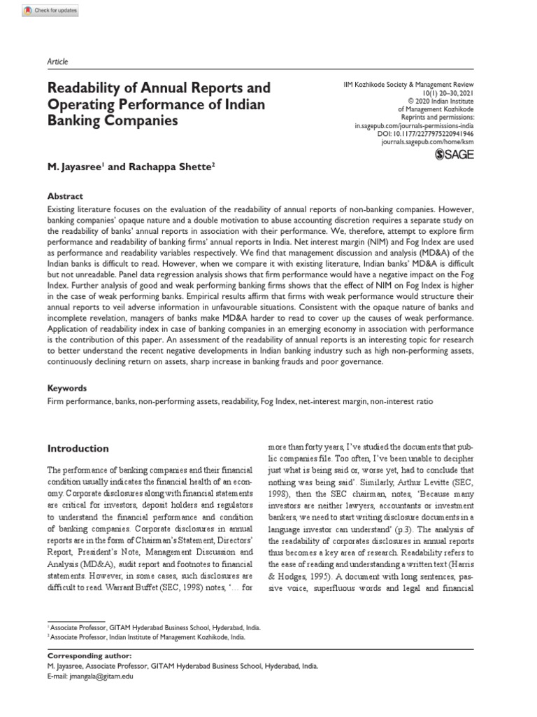 Readability of Annual Reports and Operating Performance of Indian ...