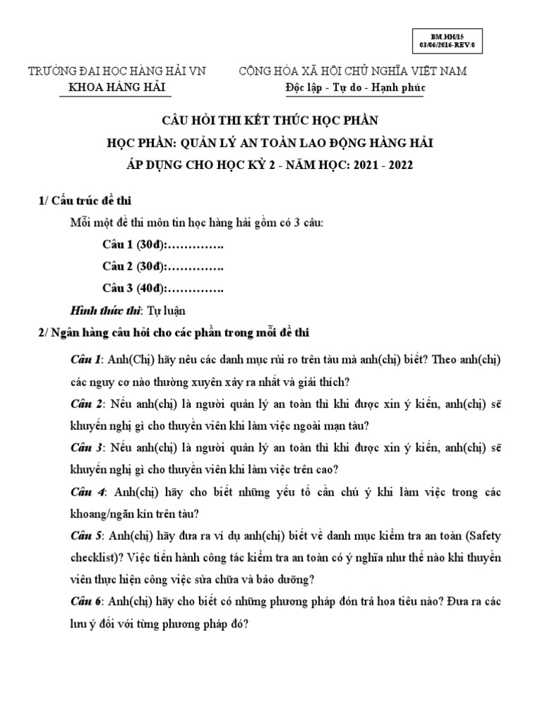 FILE - 20220518 - 214750 - Câu Hỏi QL ATLD 2022 | PDF