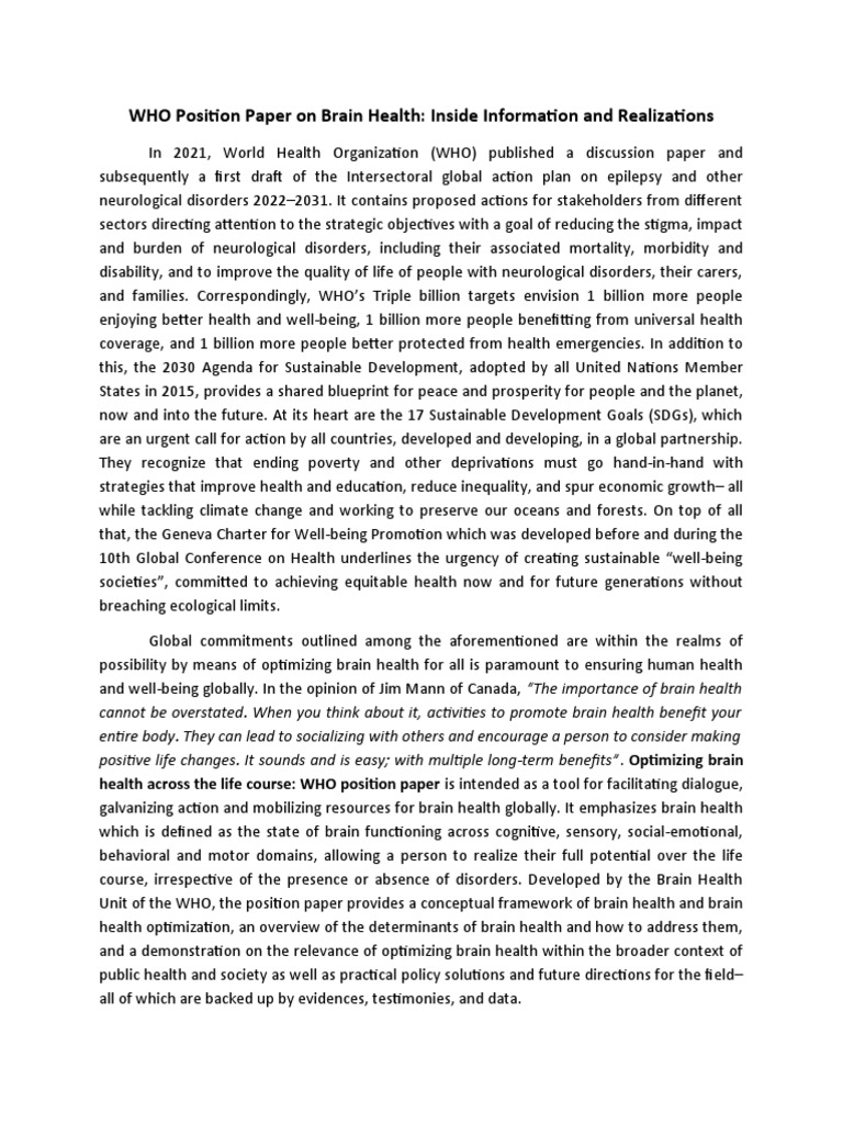 WHO Position Paper On Brain Health | PDF | Sustainability | Quality Of Life