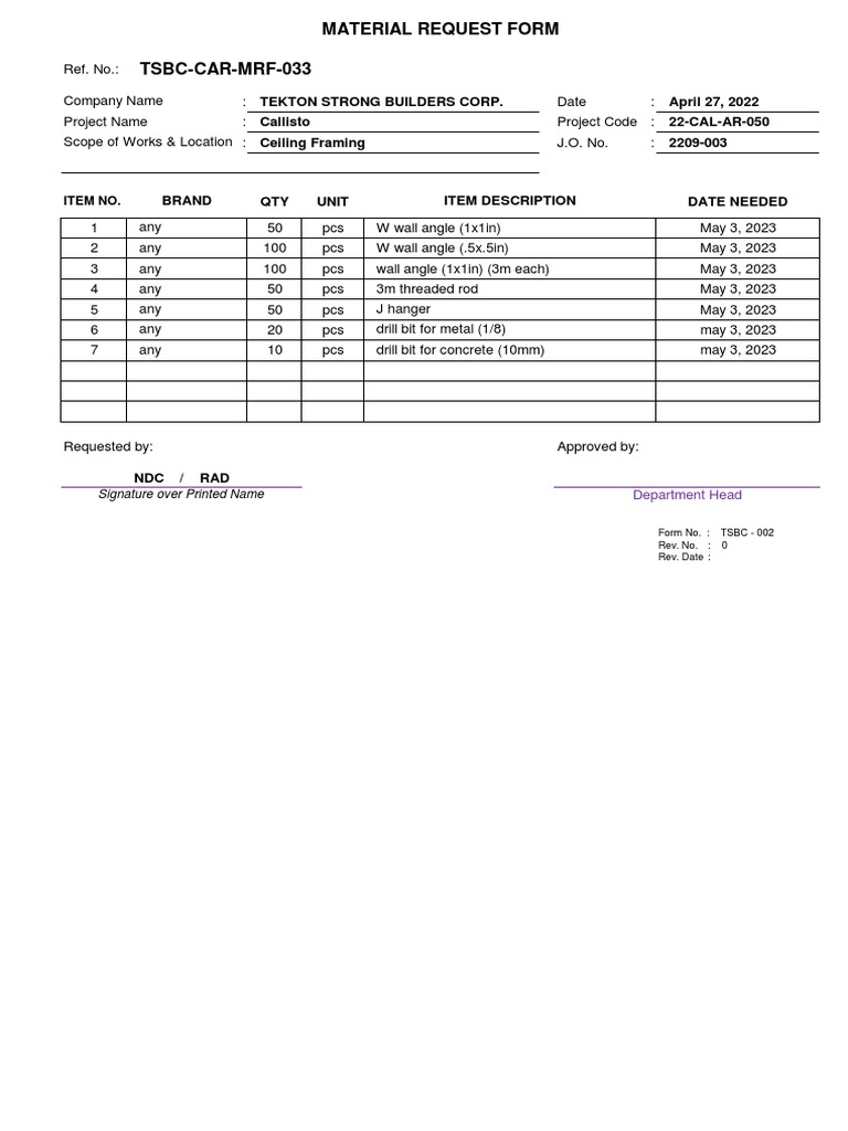 Material Request Form: Tekton Strong Builders Corp. April 27, 2022 ...