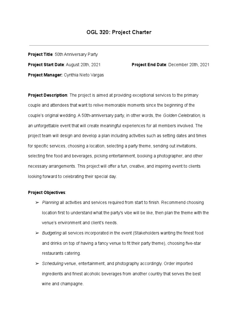 Ogl 320 Module 3 Event Planning Assignment The Project Charter 2 | PDF | Drink