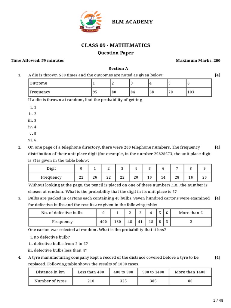 Class 9 Math Probability Exam | PDF | Rectangle | Angle