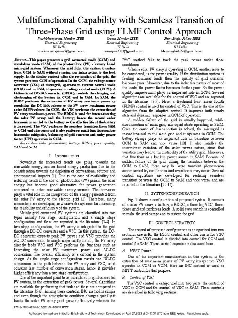 Multifunctional Capability With Seamless Transition Of Three Phase Grid
