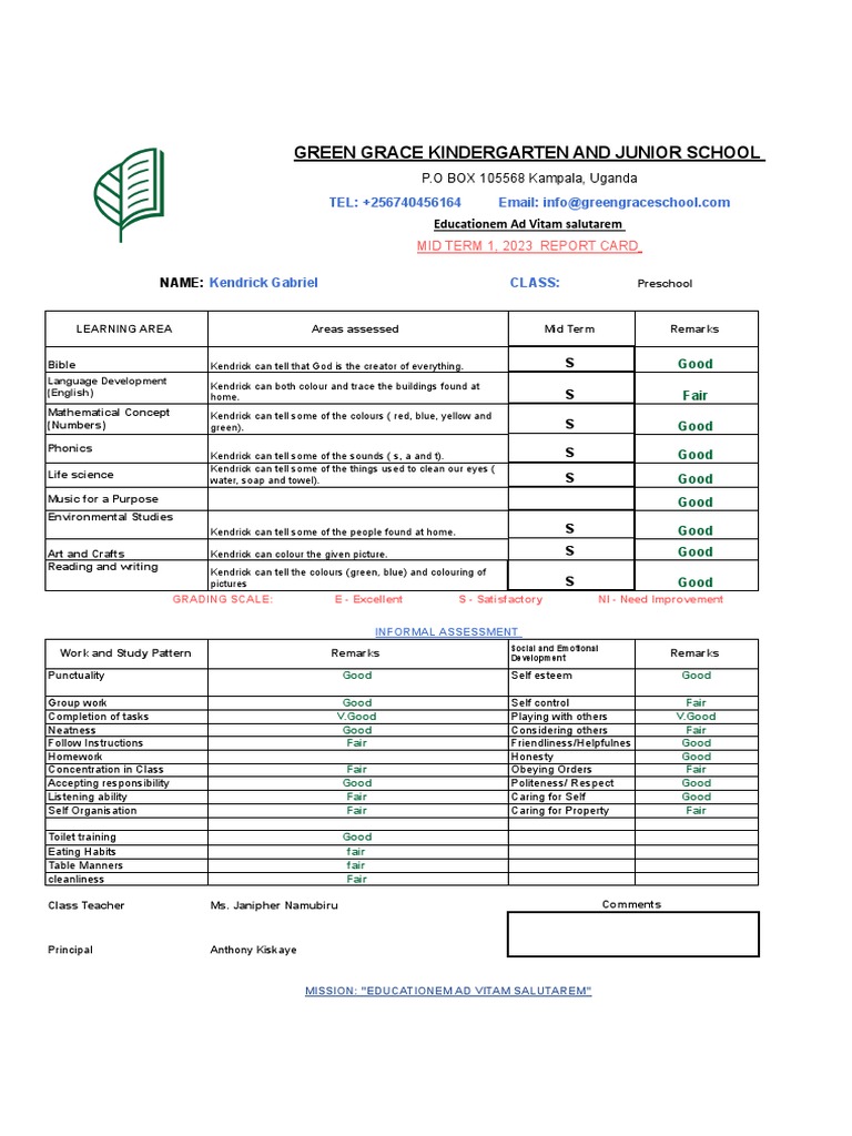 Preschool Mid Term 1 Assesment Report Card | PDF | Phonics | Kindergarten