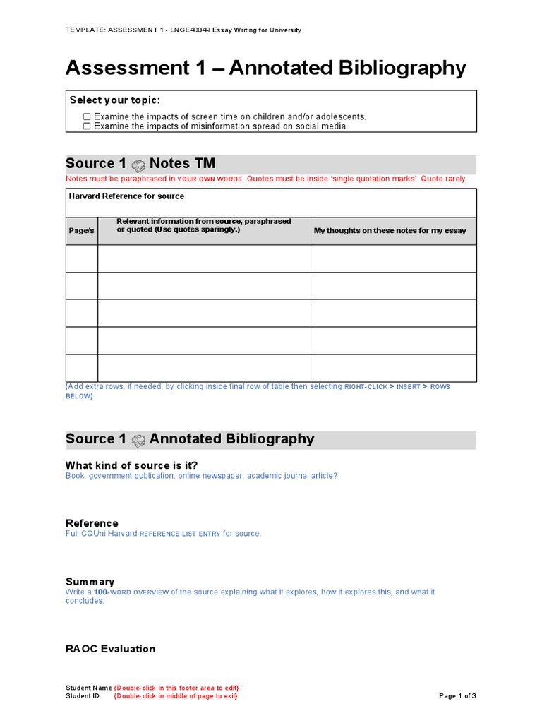 Assessment 1 Template - Annotated Bibliography | PDF | Career & Growth