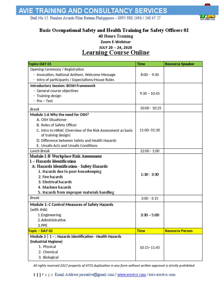 COURSE OUTLINE FOR BOSH 2020 For JULY 20 24 | Download Free PDF ...