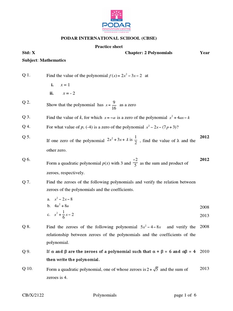 Podar International School (Cbse) Practice Sheet STD: X Chapter: 2 Polynomials Year Subject ...