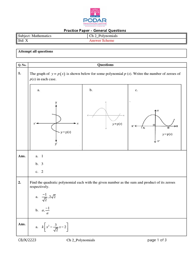 Cb X Math Ch 2 Polynomials General Qs As Pdf Polynomial Mathematical Relations