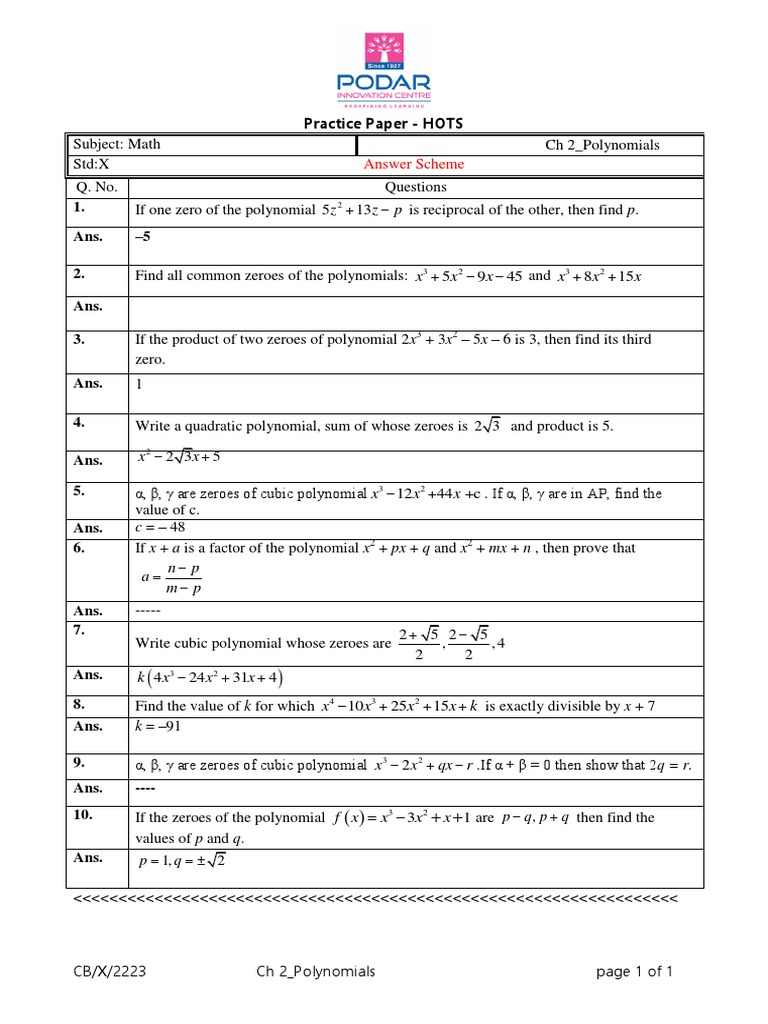 CB - X - Math - CH 2 - Polynomials - HOTS - AS | PDF