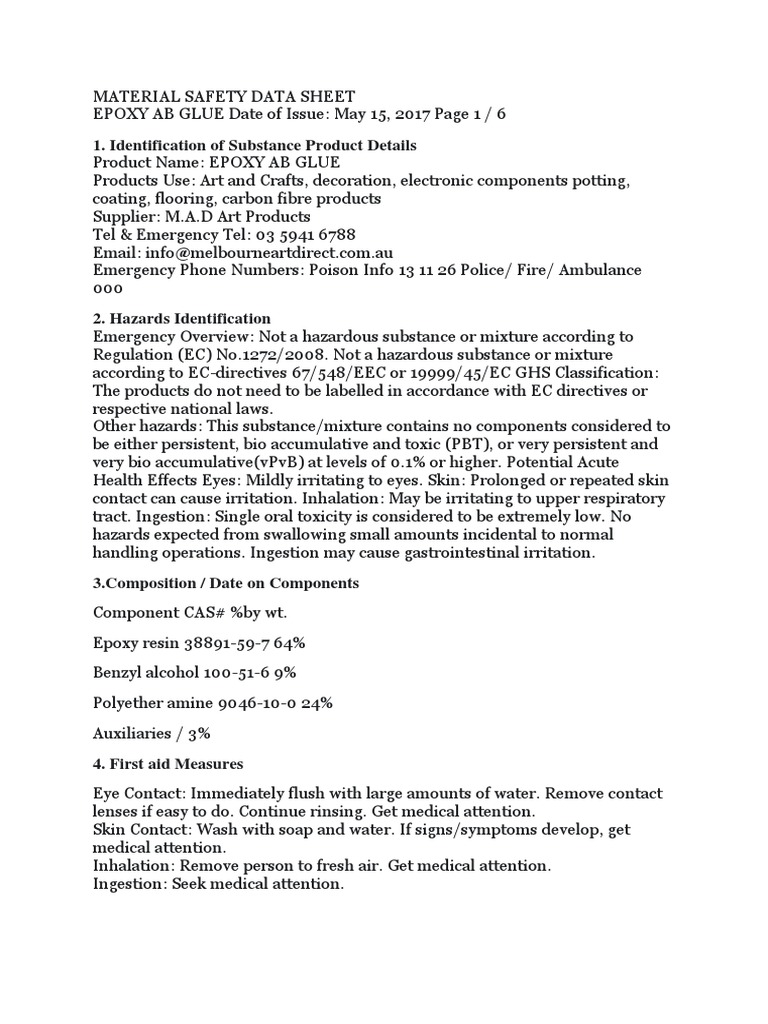 Material Safety Data Sheet Mad Artist Resin | PDF | Dangerous Goods | Toxicity