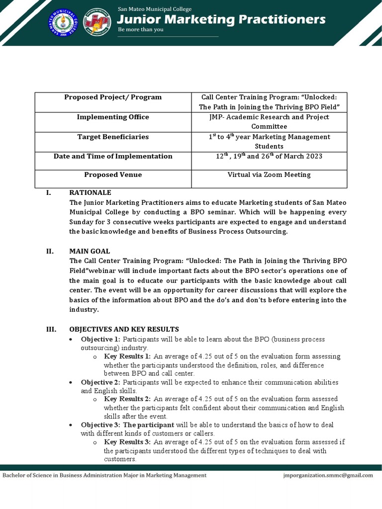 Project Proposal Call Center Webinar For March 2023 Prepared by JPA FINAL 03 12 12 23 | PDF ...