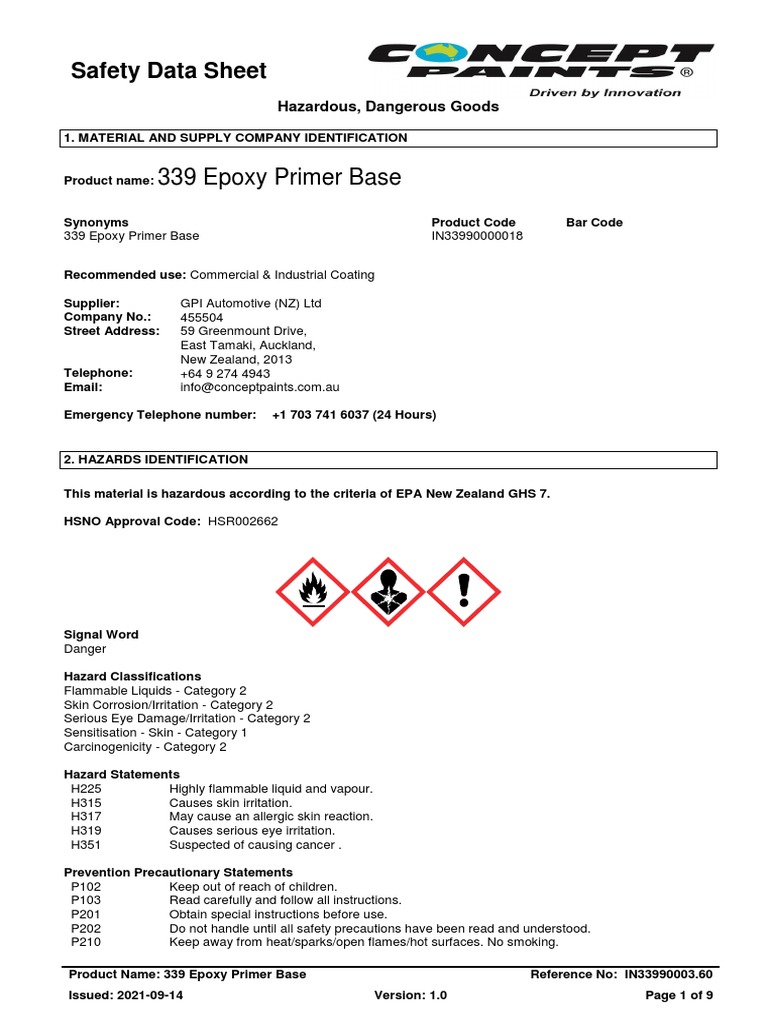 339 Epoxy Primer Base-SDS - NZ | PDF | Dangerous Goods | Personal ...