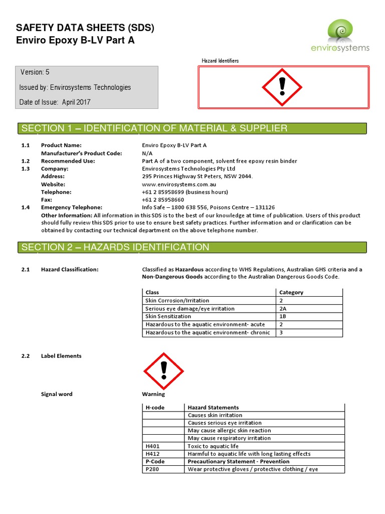 Enviro Epoxy B LV Part A SDS Apr 2017 V5 | PDF | Dangerous Goods | Toxicity