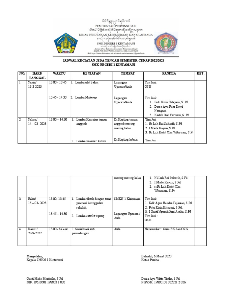 Jadwal Kegiatan Jeda Semester Ganjil 2022-2023 | PDF