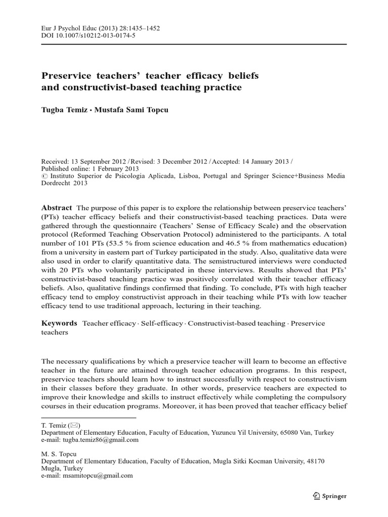 Preservice Teachers' Teacher Efficacy Beliefs and Constructivist-Based Teaching Practice | PDF ...