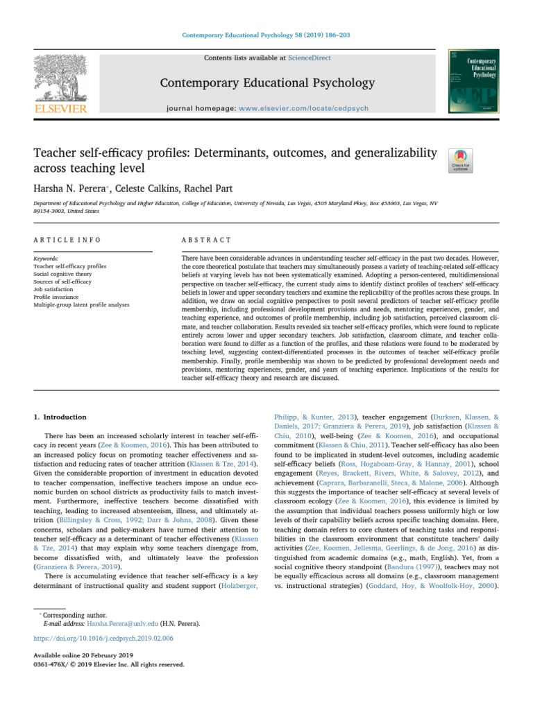 Teacher Self-Efficacy Profiles-Determinants, Outcomes, and Generalizability Across Teaching ...