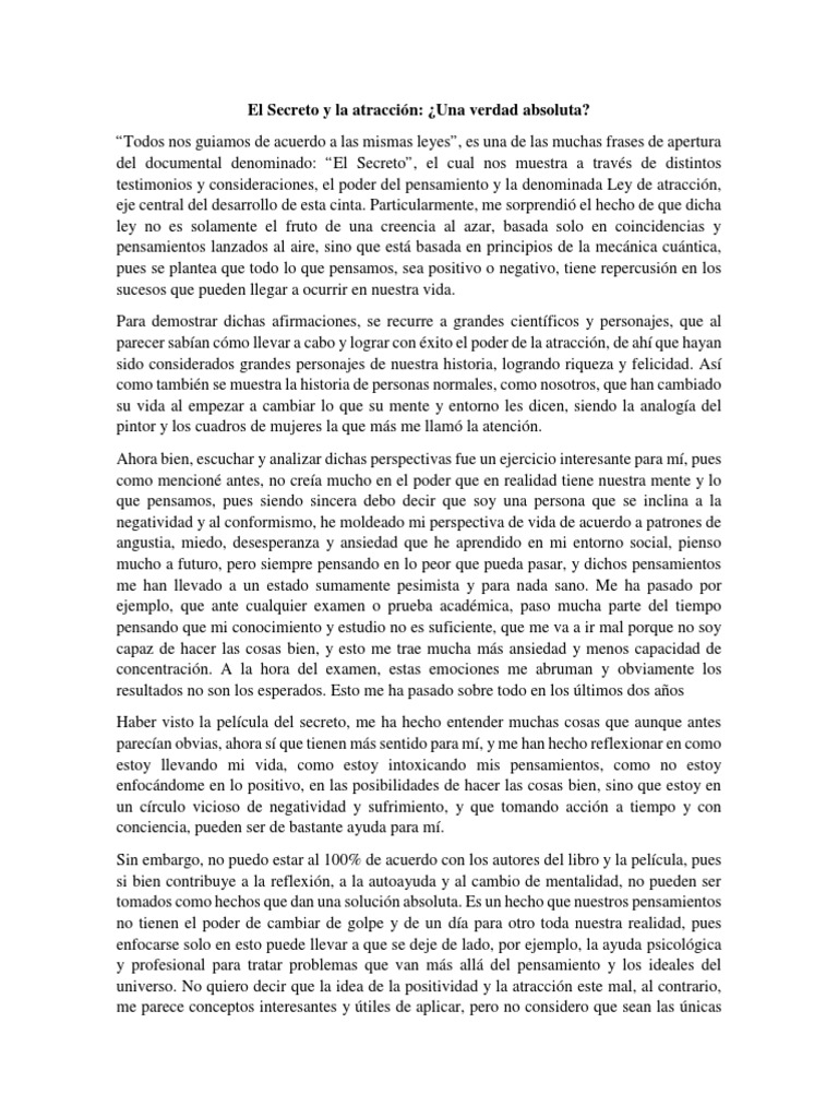 Ensayo Pelicula El Secreto | PDF | Pensamiento | Mal