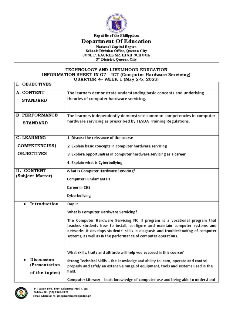 TLE INFO SHEET - Q4 - ICT - Relevance of The Course Lesson | PDF ...