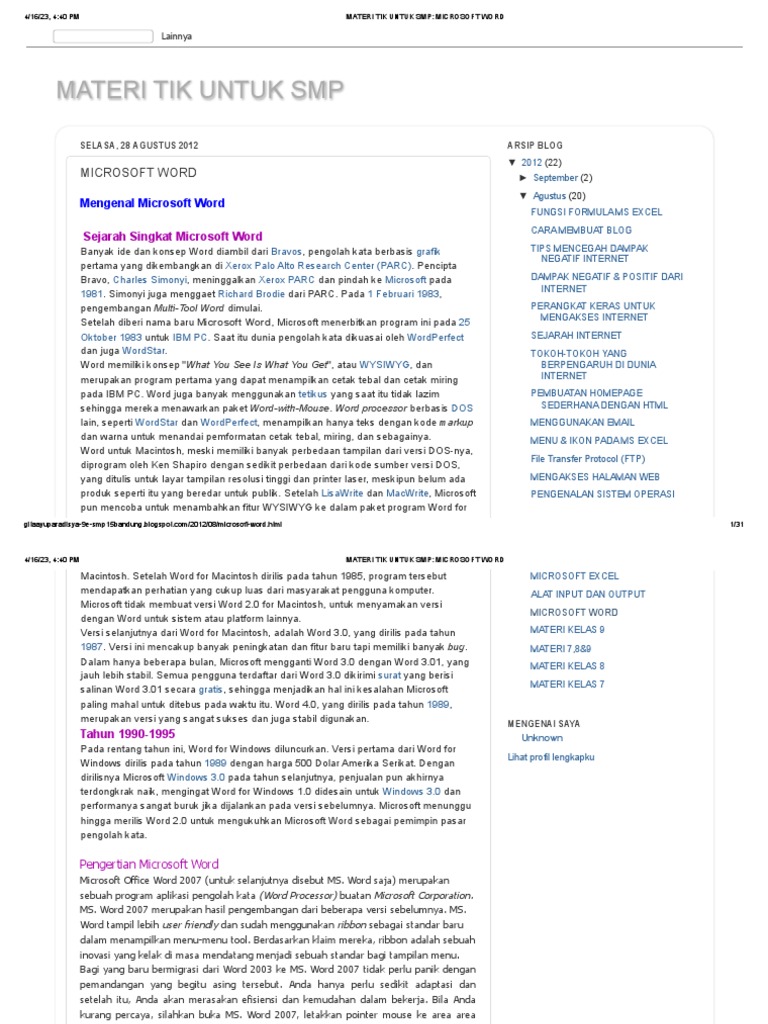 Materi Tik Untuk SMP - Microsoft Word | PDF