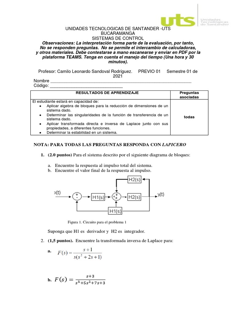 Sistemas de Control previo 1 | PDF
