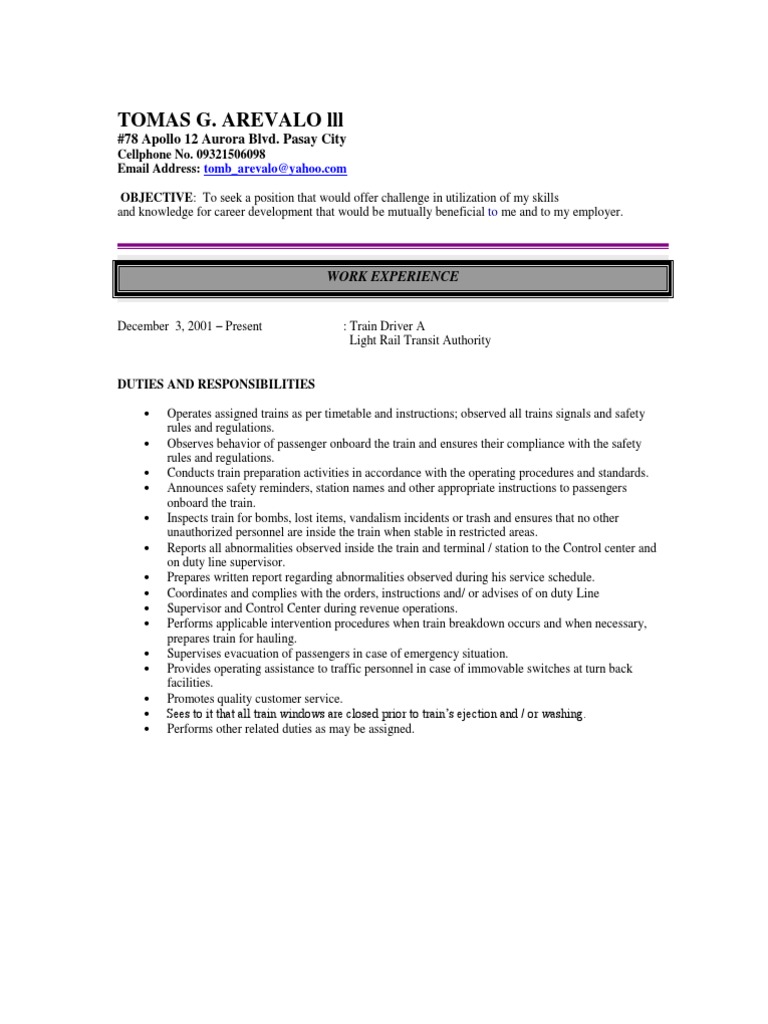 Tom Resume | PDF | Train | Safety