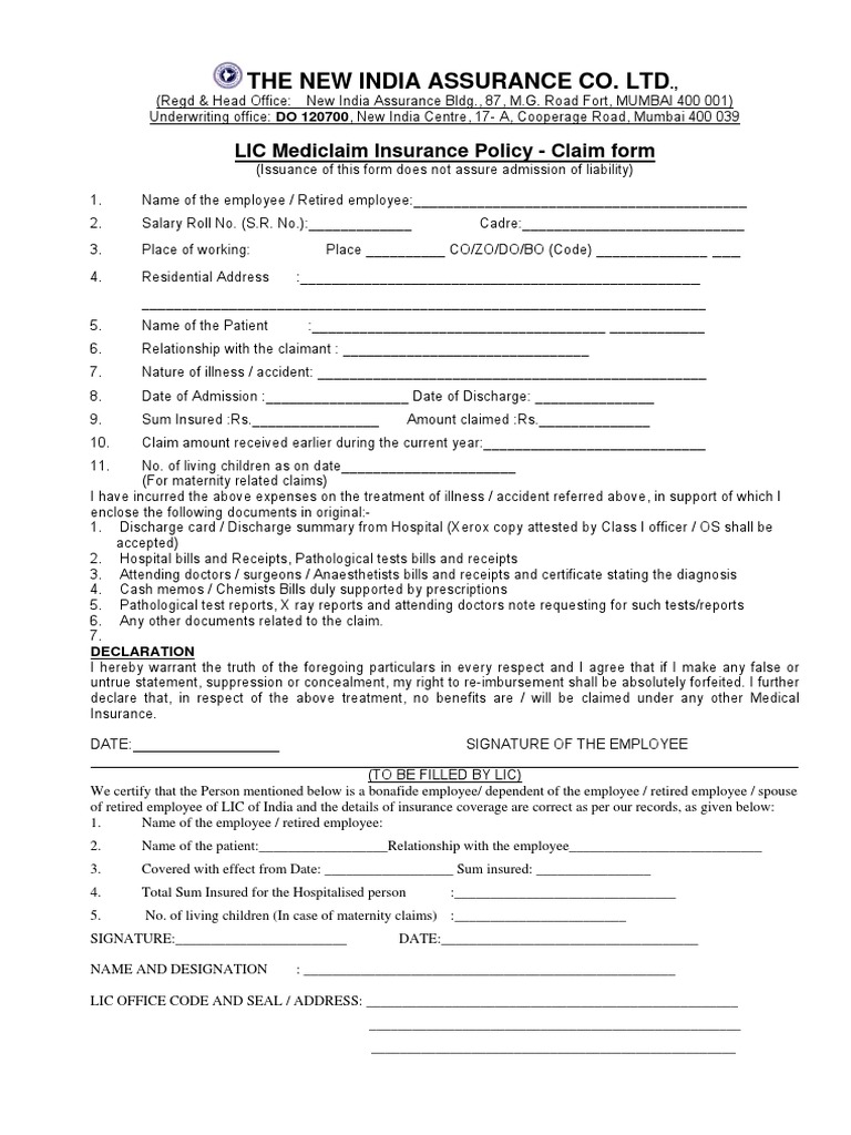 LIC Mediclaim Insurance Claim Form | PDF | Insurance | Health Care