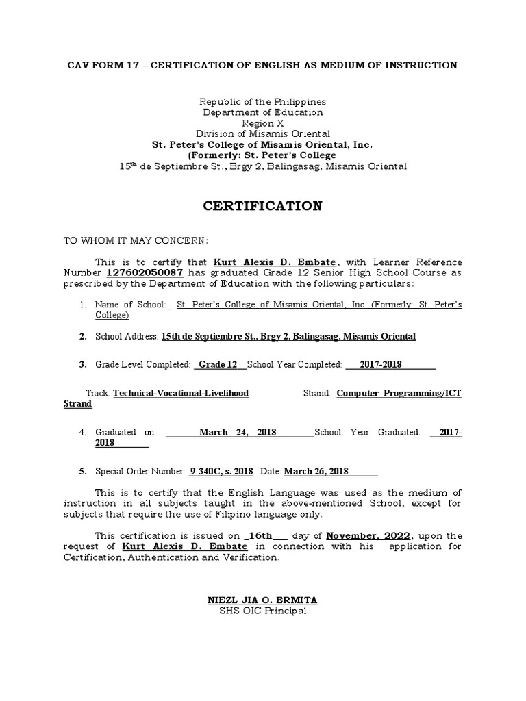 Cav Form 17 Certification of English As Medium of Instruction | PDF