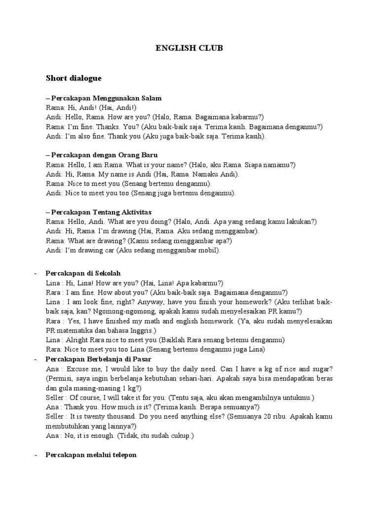 English Club Short Dialogue: - Percakapan Di Sekolah | PDF