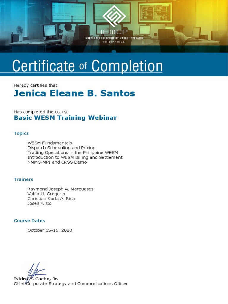 Basic WESM Training Certificate | PDF
