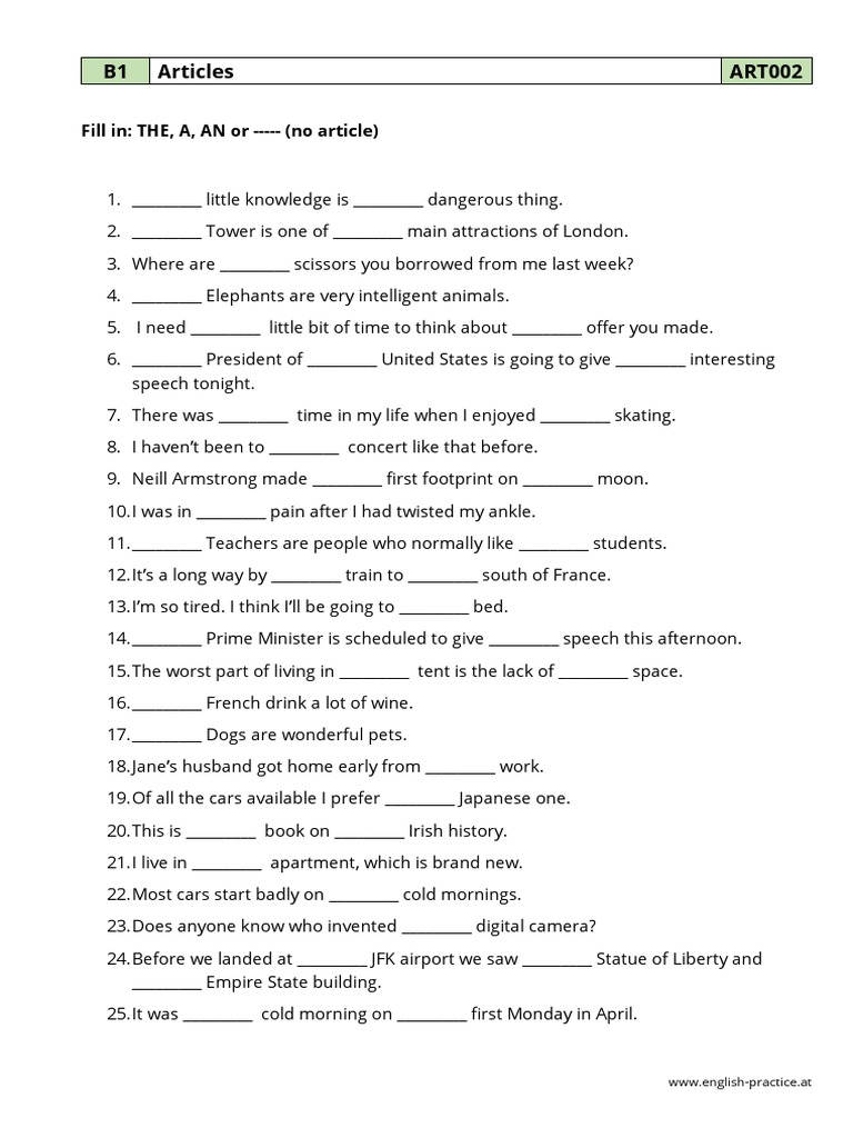 B1 Articles ART002: Fill In: THE, A, AN or - (No Article) | PDF | Games ...