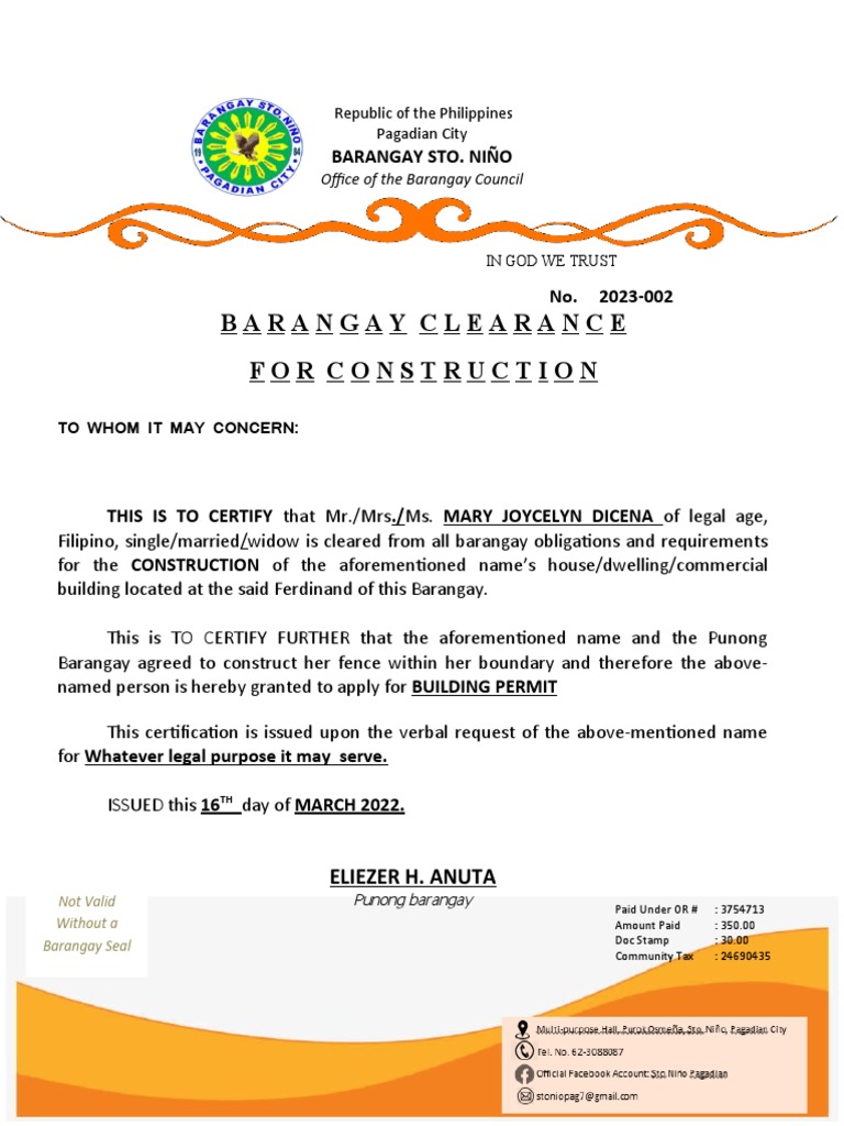 Barangay Clearance for Construction | PDF