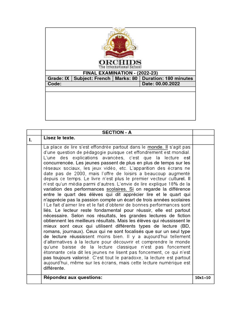 Grade IX French Exam 2022-23 | PDF