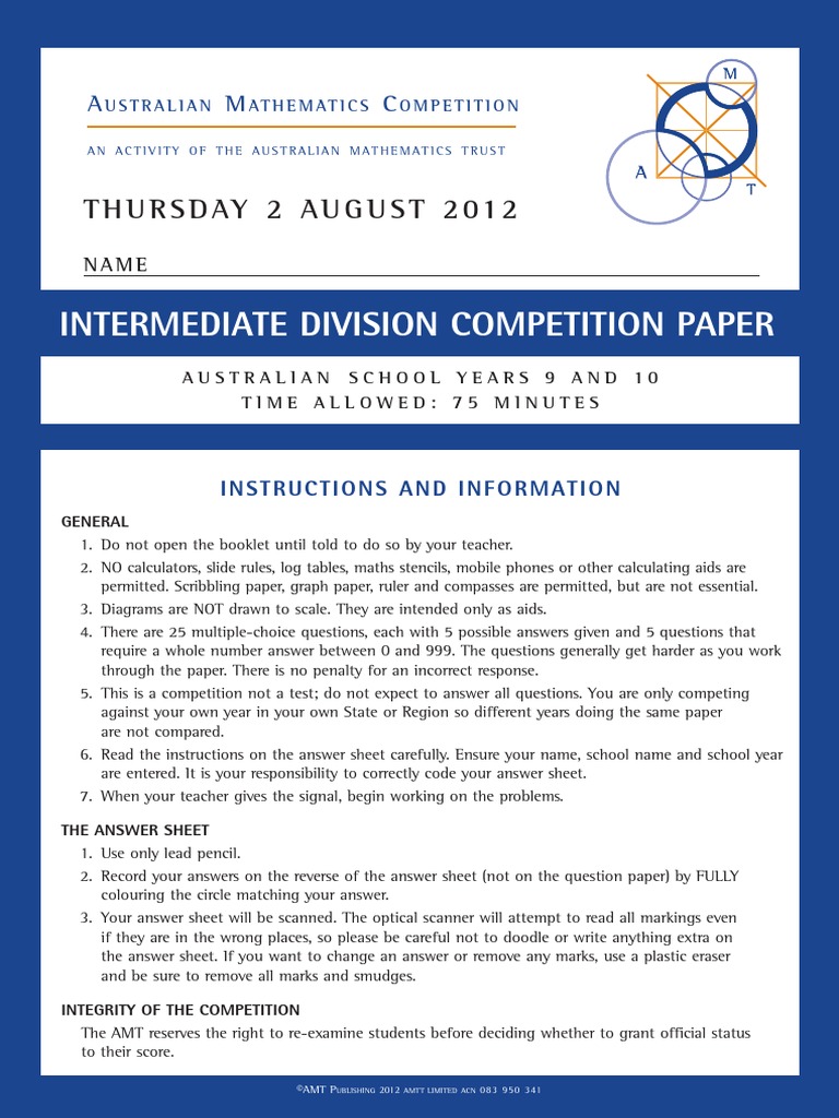 2012 Australian Mathematics Competition AMC Intermediate Years 9 and 10 ...