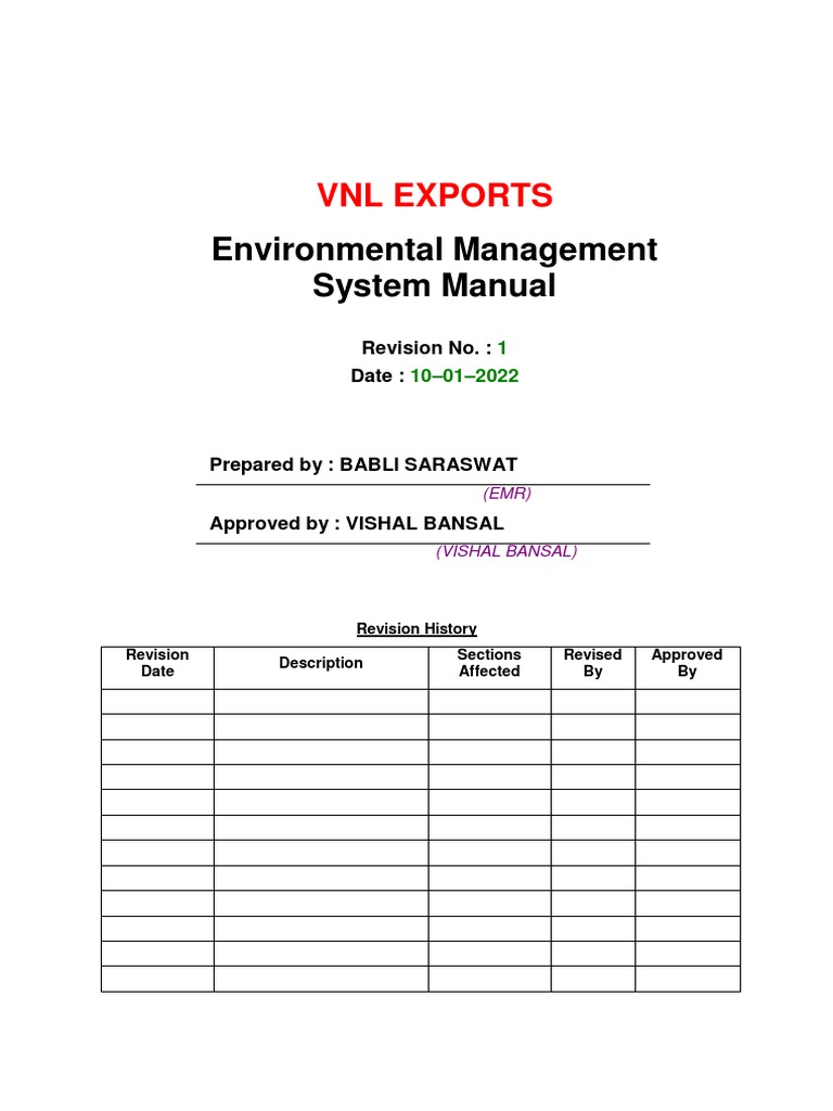 Environmental Management System Manual: VNL Exports | PDF | Audit ...