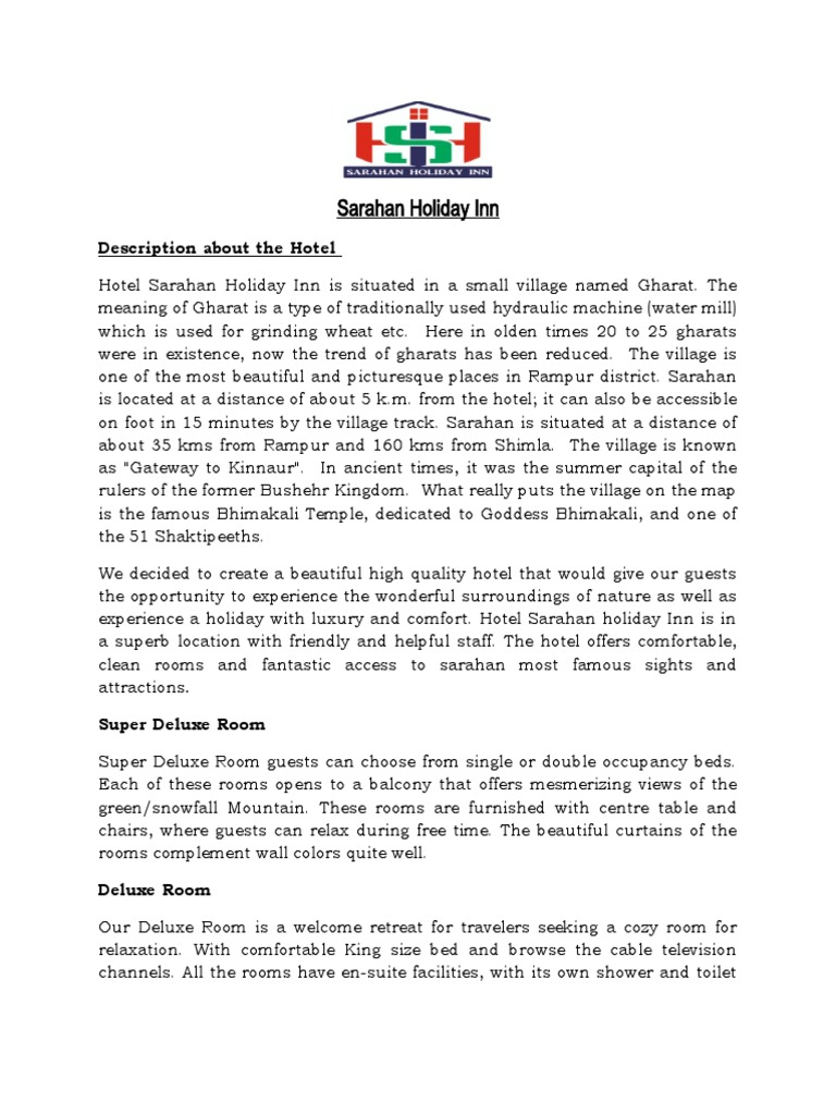 Sarahan Holiday Inn: Description About The Hotel | PDF | Payments | Hotel