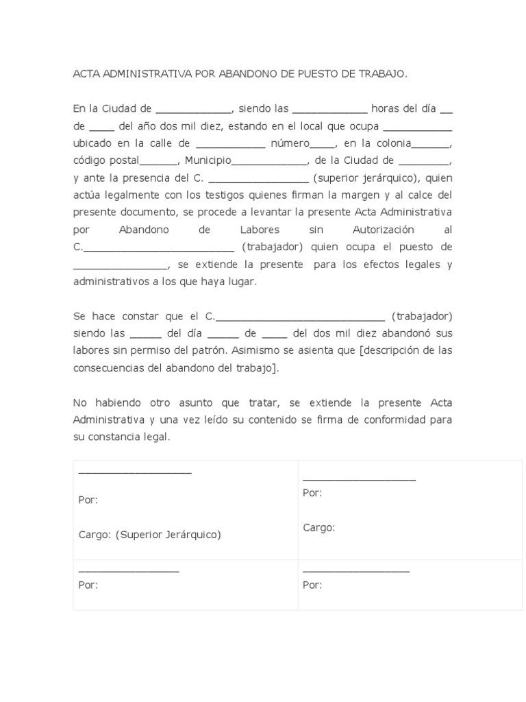 Acta Administrativa Por Abandono De Puesto De Trabajo Pdf