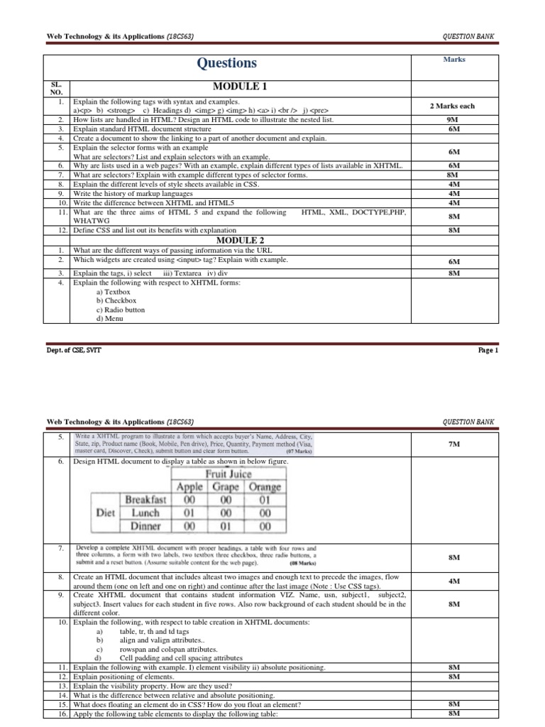 Web Question Bank | PDF | Html | Html Element