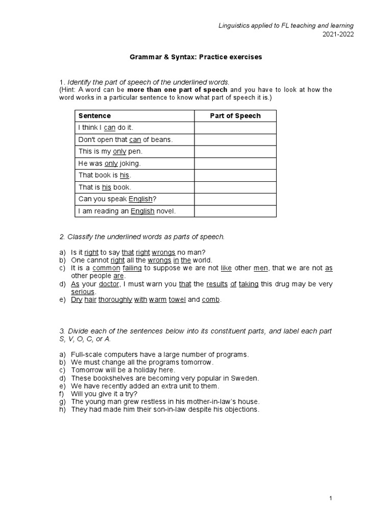 Syntax Exercises 2022 VC | PDF | Part Of Speech | Phrase Syntax Exercises 2022 VC | PDF | Part Of Speech | Phrase