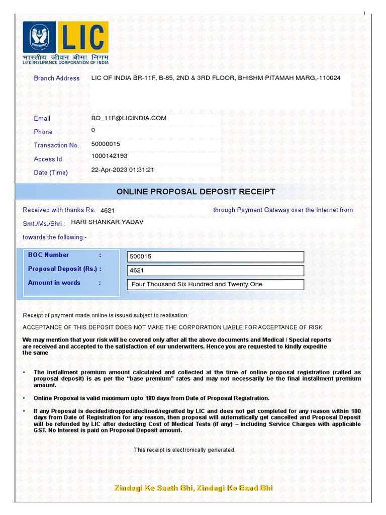 Online Proposal Deposit Receipt: Lic of India Br-11F, B-85, 2Nd & 3Rd Floor, Bhishm Pitamah Marg ...