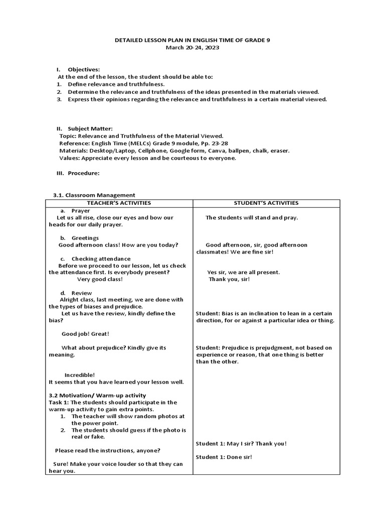 Relevance and Truthfulness Lesson Plan | PDF | Relevance | Understanding